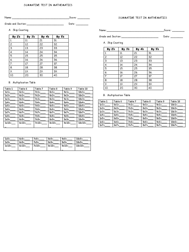 Math Test: Skip Counting & Multiplication | PDF | Teaching Mathematics ...