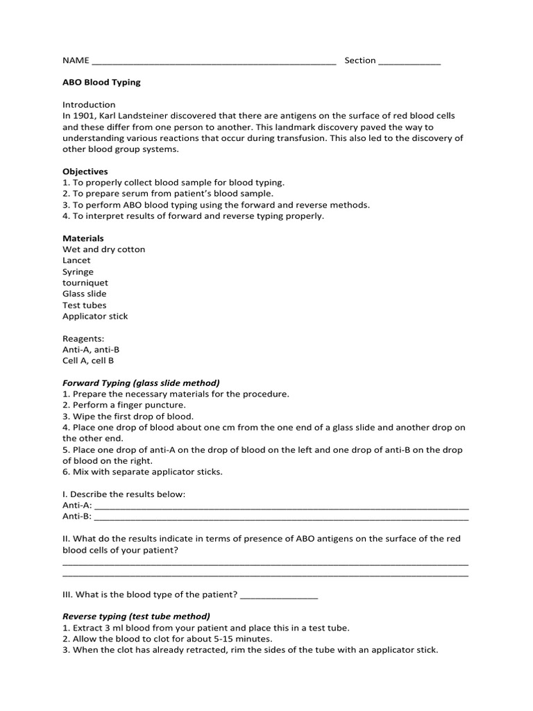 ABO Blood Typing: Forward Typing (Glass Slide Method) | PDF | Blood ...