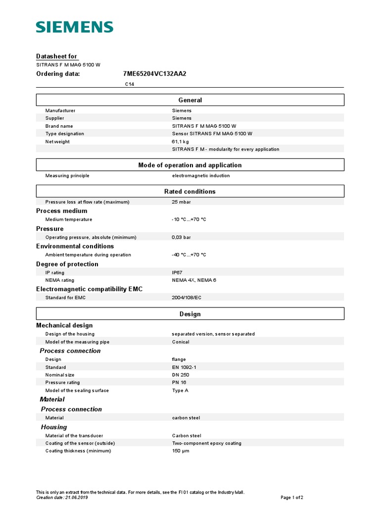 Datasheet for the SITRANS F M MAG 5100 W Electromagnetic Flow Meter ...