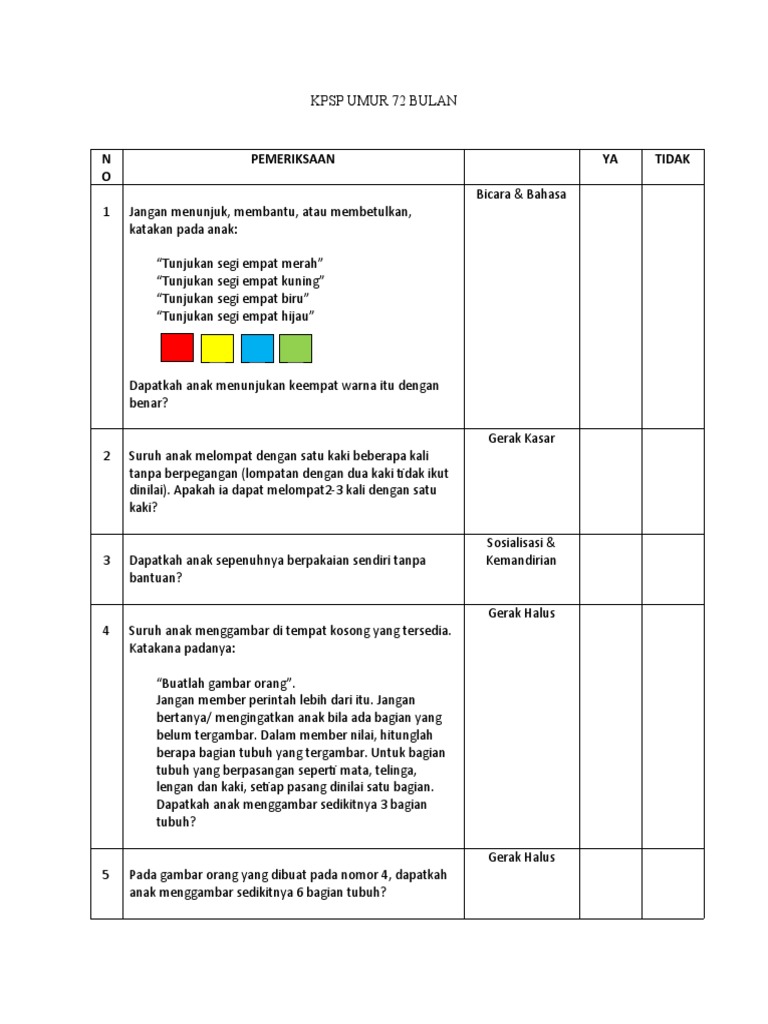 Formulir KPSP Umur 72 Bulan | PDF