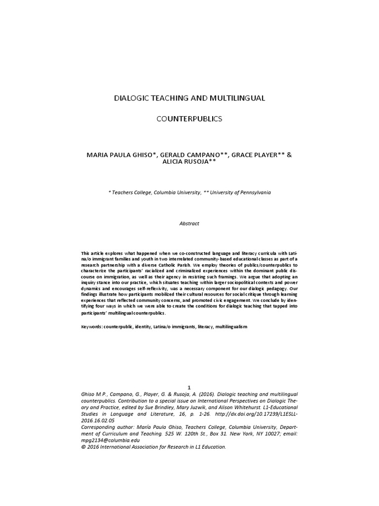 Dialogic Teaching and Multilingual Counterpublics: Maria Paula Ghiso ...