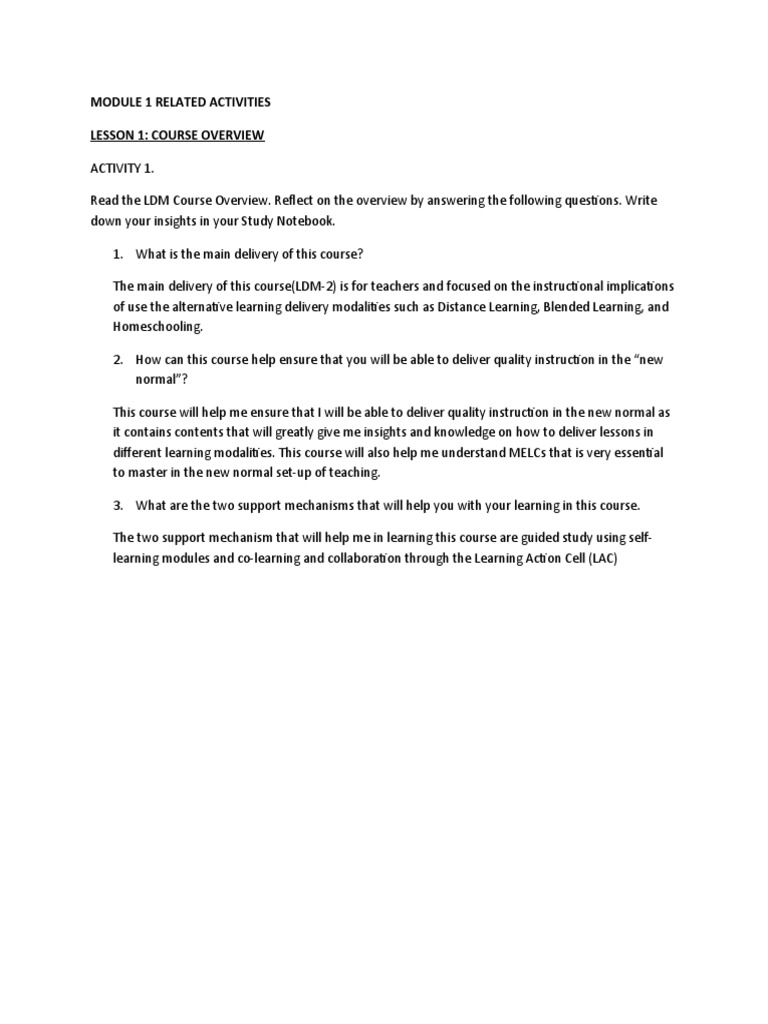 Module 1 Related Activities Lesson 1: Course Overview | PDF | Teachers ...