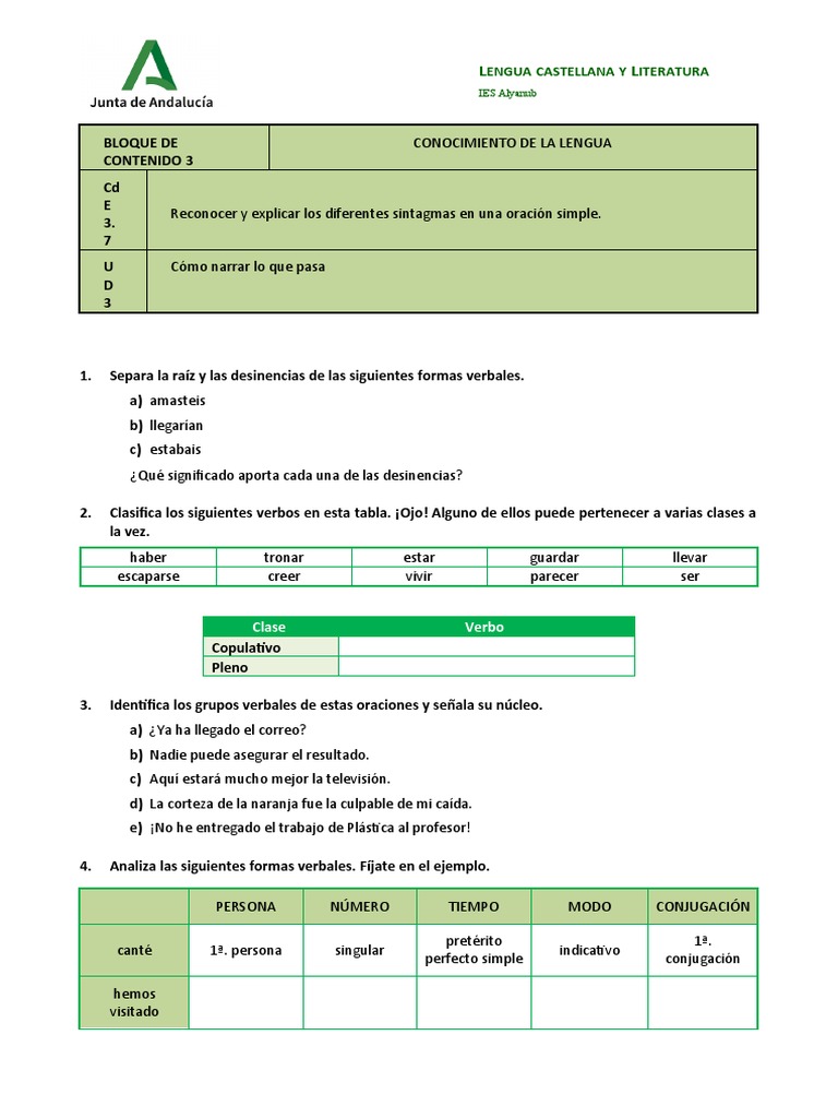 3º. A. Ficha 3.7. El Grupo Verbal. El Verbo | PDF | Verbo | Gramática
