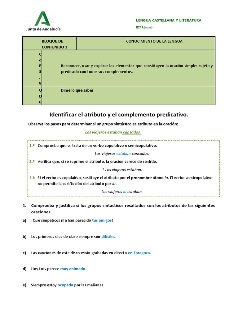 3º. A. Ficha 3.8. Identificar El Atributo y El CPvo | PDF | Verbo ...