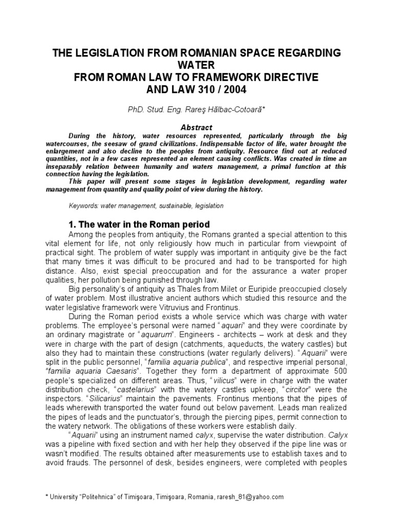 The Legislation From Romanian Space Regarding Water From Roman Law To ...