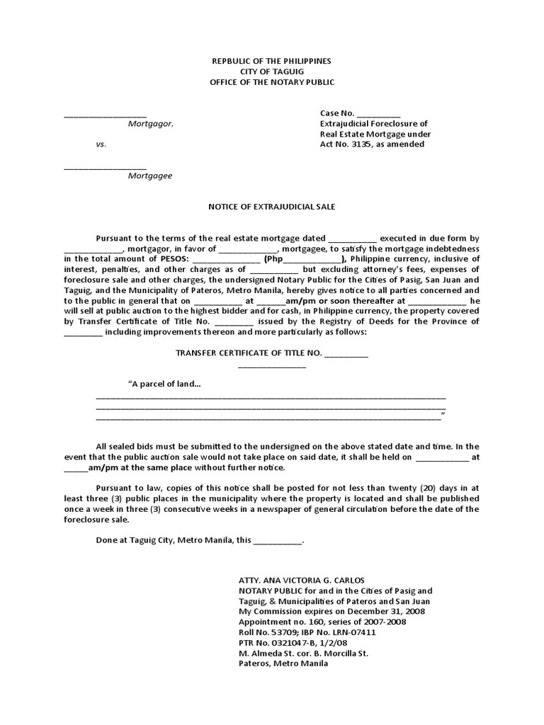 Notice of Extrajudicial Sale | PDF | Mortgage Law | Foreclosure