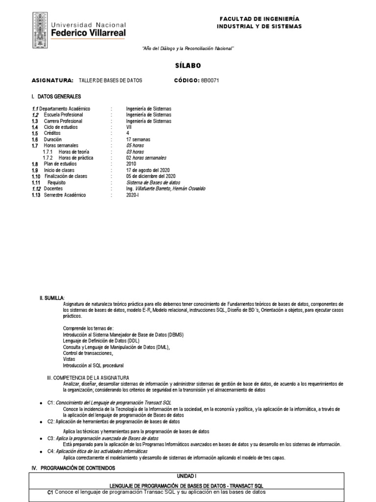 Silabo Taller de Base de Datos - 2020 | PDF | SQL | Bases de datos