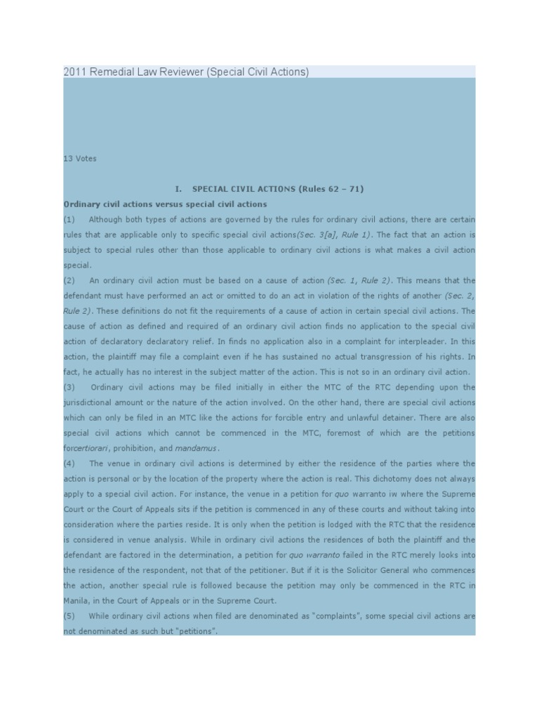 2011 Remedial Law Reviewer SPL Civil Actions | PDF | Certiorari | Injunction