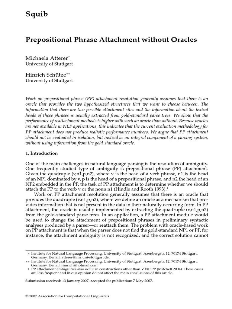 Squib: Prepositional Phrase Attachment Without Oracles | PDF | Parsing | Ambiguity
