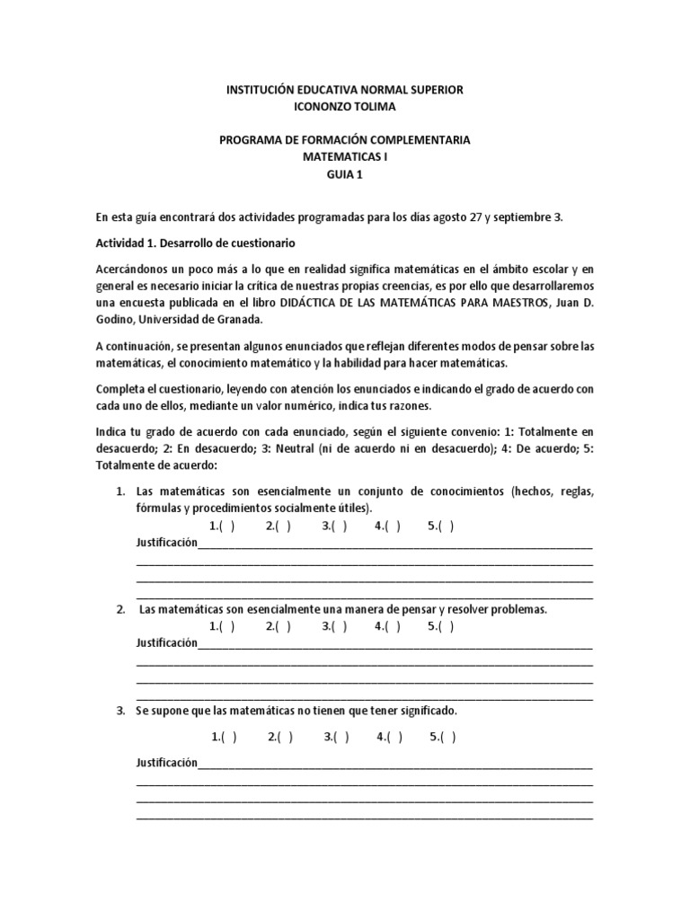 Guia 1 Matematicas I Pdf Enseñanza De Matemática Conocimiento