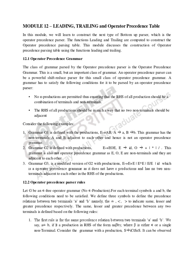 MODULE 12 - LEADING, TRAILING and Operator Precedence Table: 12.1 Ope ...
