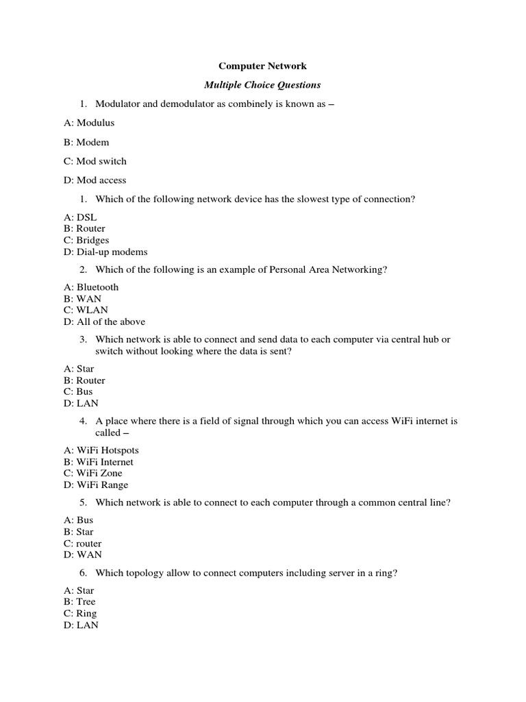 Multiple Choice Questions: Computer Network | PDF | Computer Network | Wi Fi
