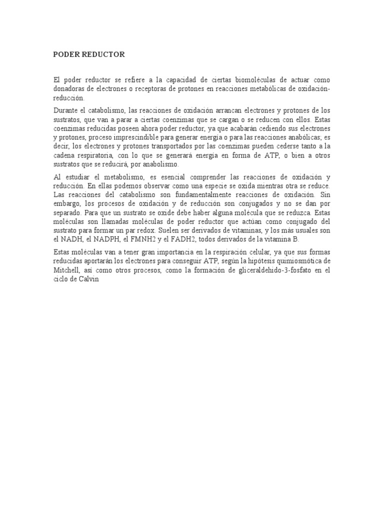 El papel de las moléculas de poder reductor en el metabolismo celular | PDF