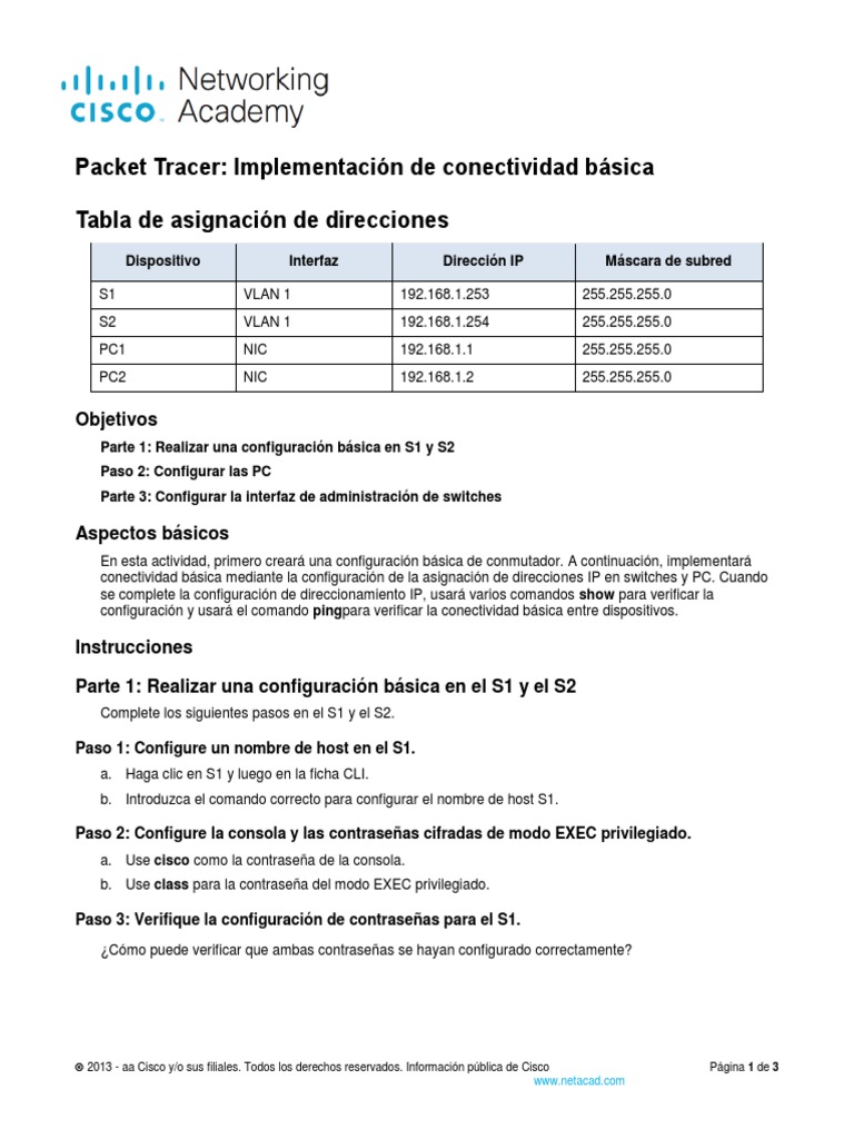 2.7.6 Packet Tracer - Implement Basic Connectivity - Es XL PDF | PDF | Dirección IP | Conmutador ...