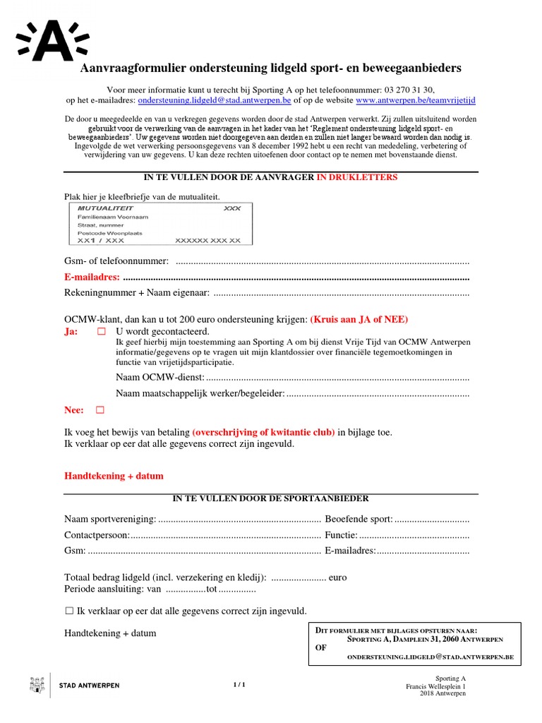 Aanvraagformulier Ondersteuning Lidgeld Sport Versie 2 | PDF