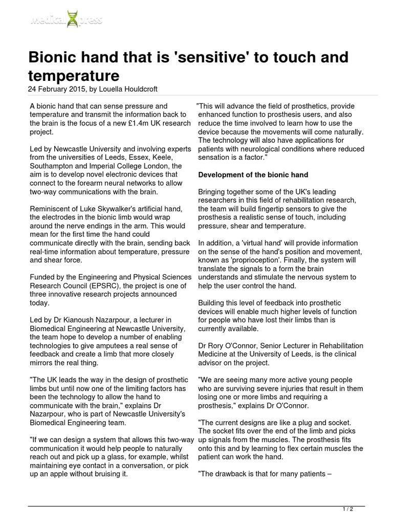 2015 - Bionic-Sensitive-Temperature | PDF | Prosthesis | Nervous System