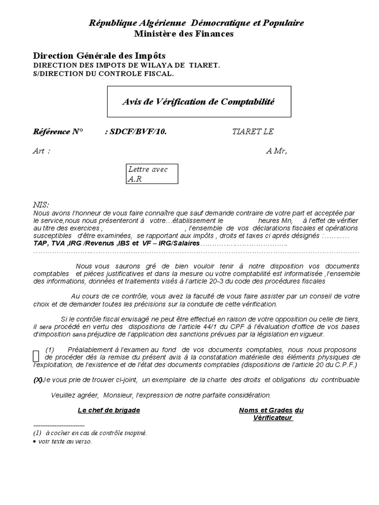 Avis de Vérification Fiscale à Tiaret | PDF | Impôts | Gouvernement