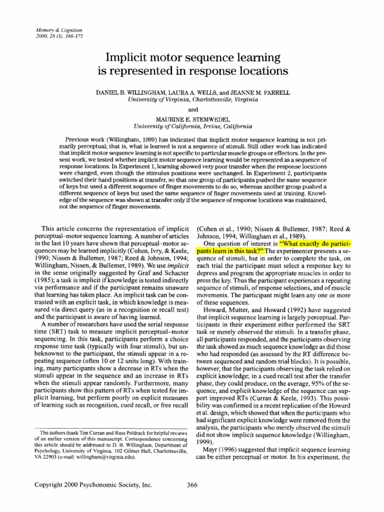 (Art) Implicit Motor Sequence Learning Is Represented in Response Locations | PDF | Experiment ...