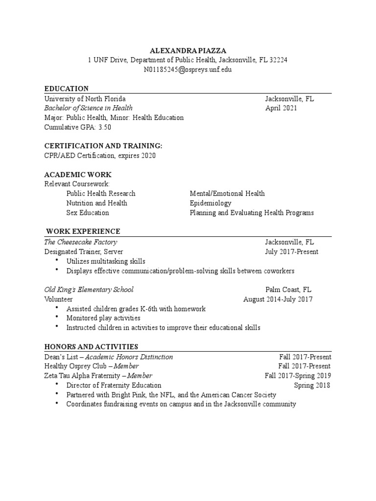 Resume Alexandra Piazza | PDF | Wellness
