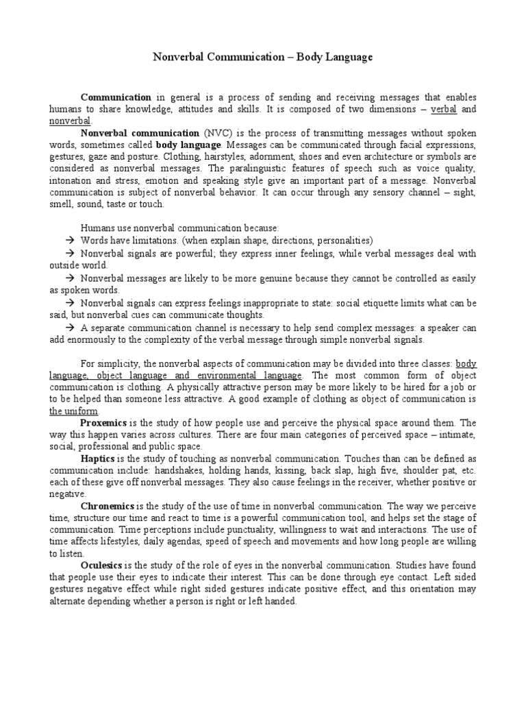 Nonverbal Communication I. Body Language | PDF | Nonverbal ...