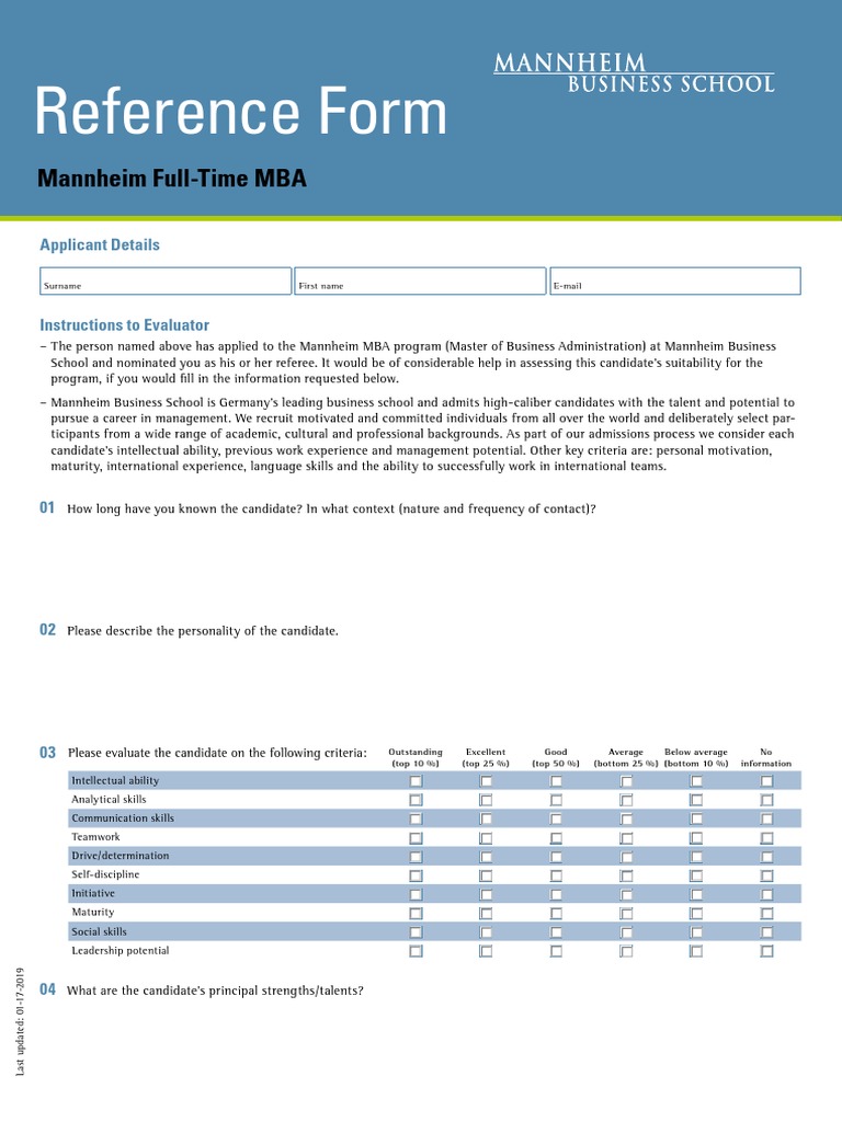 Mannheim FT MBA Reference Form Intake 2019 PDF | PDF | Master Of ...