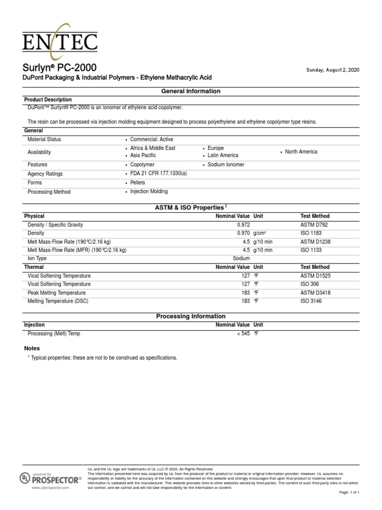 Surlyn Pc-2000: Dupont Packaging & Industrial Polymers - Ethylene ...