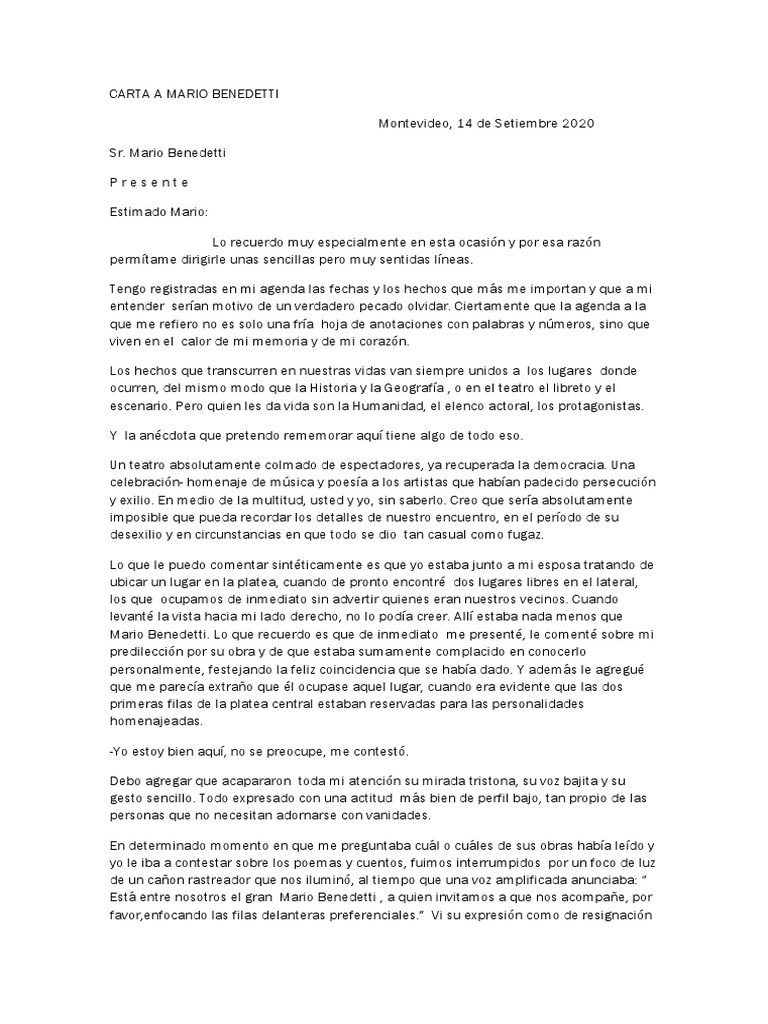 Carta a Mario Benedetti | PDF | Arte | Novela negra, policíaca y suspenso
