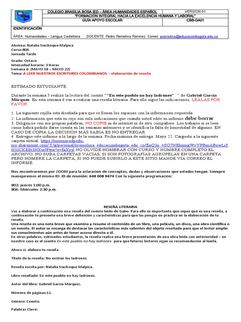 Taller de El Cuento en Este Pueblo No Hay Ladrones NSM | PDF | Monólogo ...