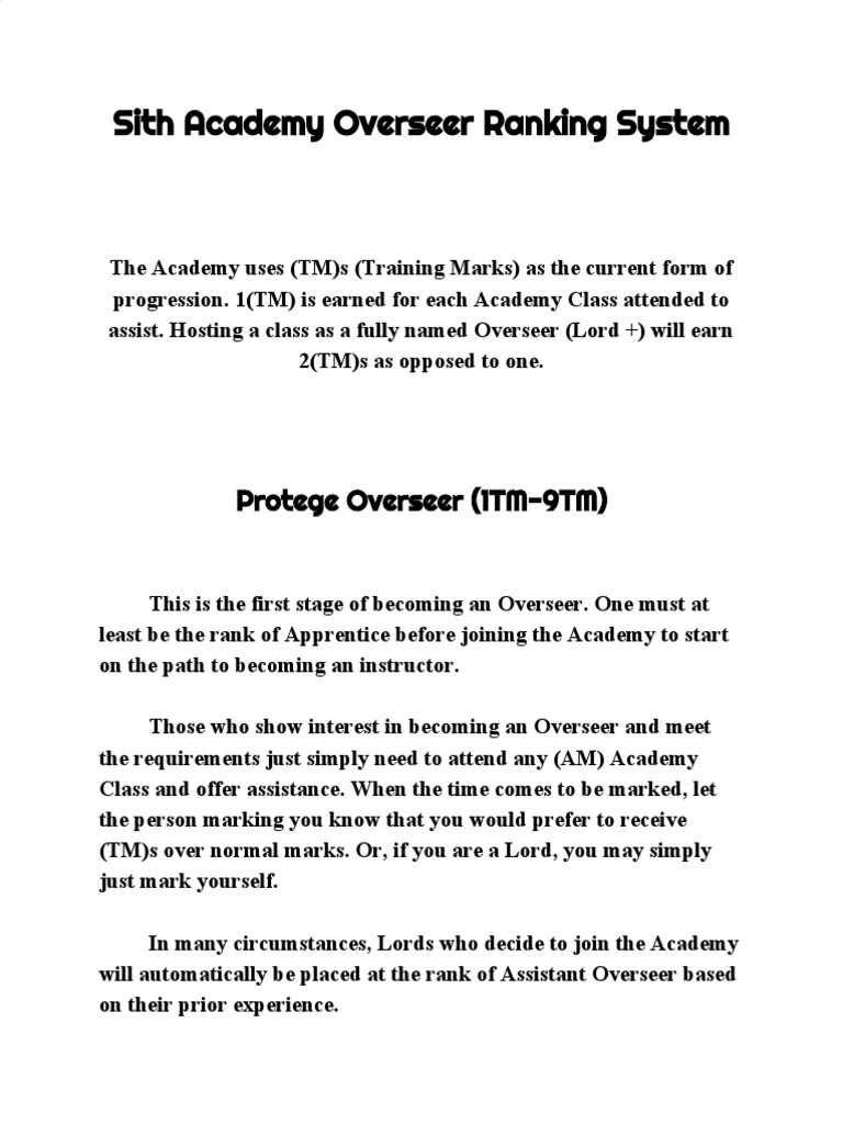 Sith Academy Overseer Ranks Explained | PDF | Mentorship | Behavior ...