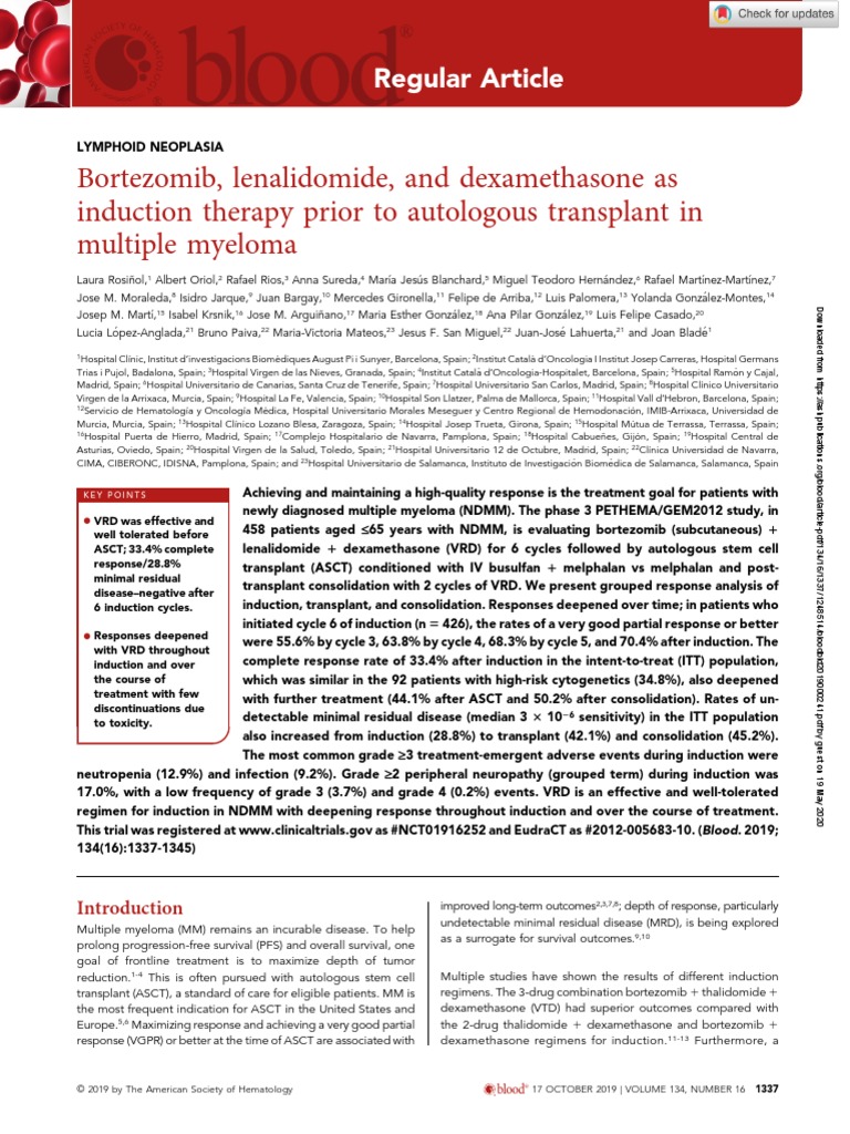 Bortezomib, Lenalidomide, and Dexamethasone As Induction Therapy Prior To Autologous Transplant ...