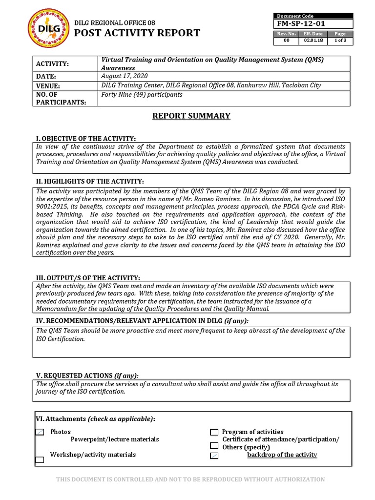 POST ACTIVITY REPORT Template | PDF | Quality Management System ...