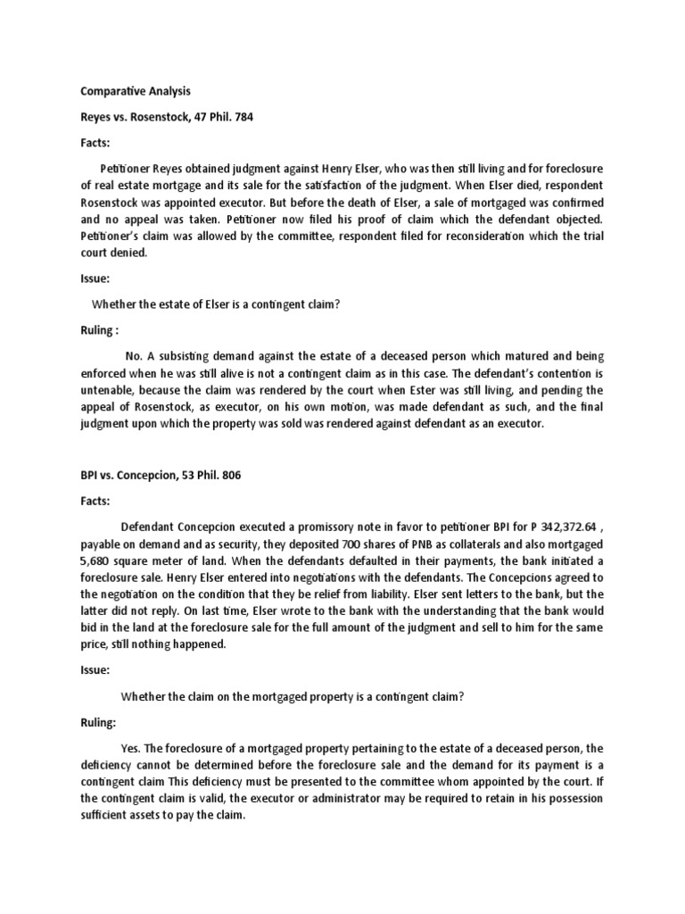 Comparative Analysis REYES VS. ROSENSTOCK With The Case of BPI VS. CONCEPCION | PDF | Mortgage ...