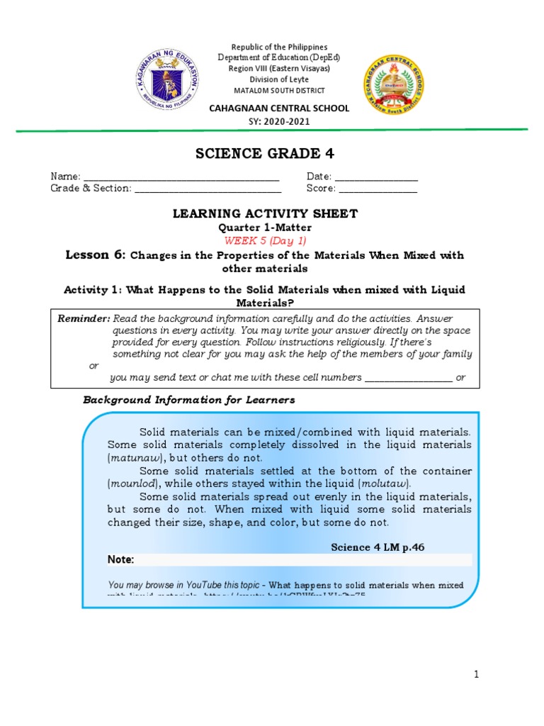 Teacher-Made SCIENCE 4 Q1-Week 5 Activity Sheets With Answer Key | PDF | Liquids | Spoon