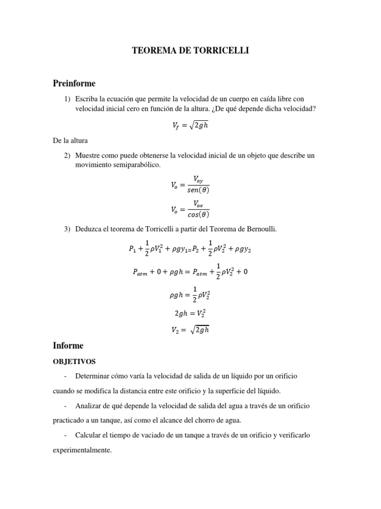 Teorema de Torricelli: Análisis y Ejercicios | PDF | Velocidad | Líquidos