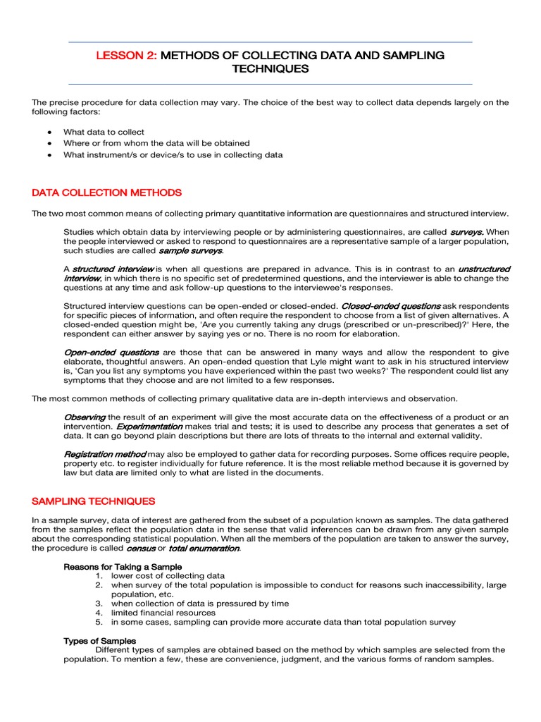 Lesson 2 PDF | PDF | Sampling (Statistics) | Survey Methodology