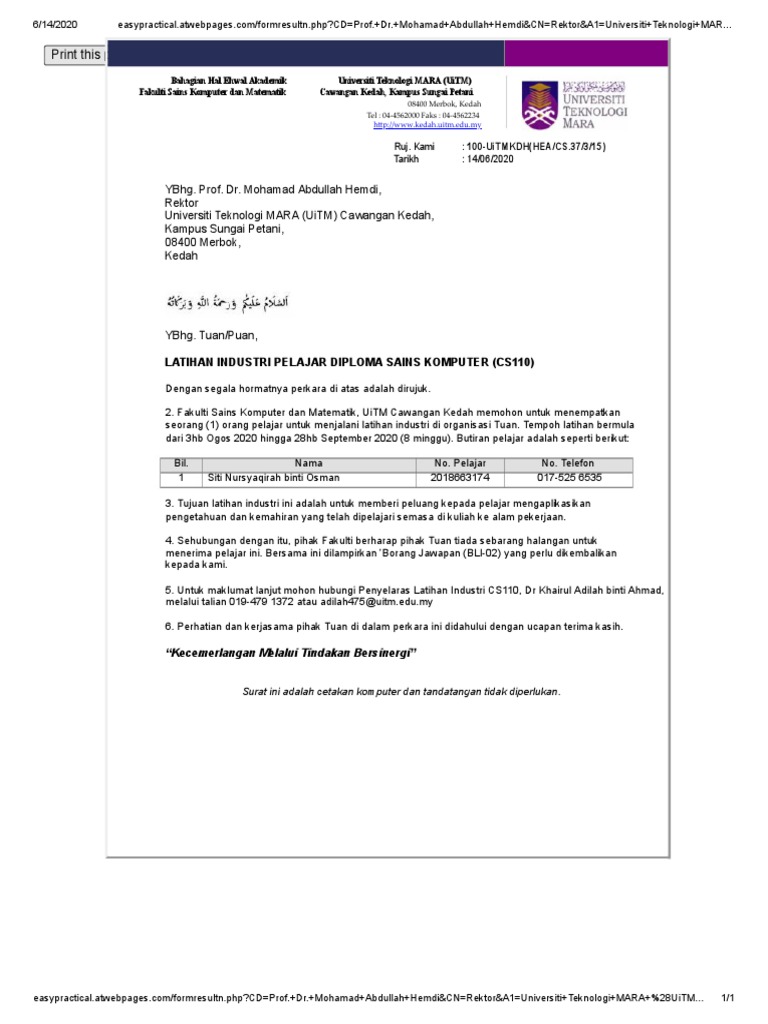 Surat Sokongan UiTM PDF | PDF