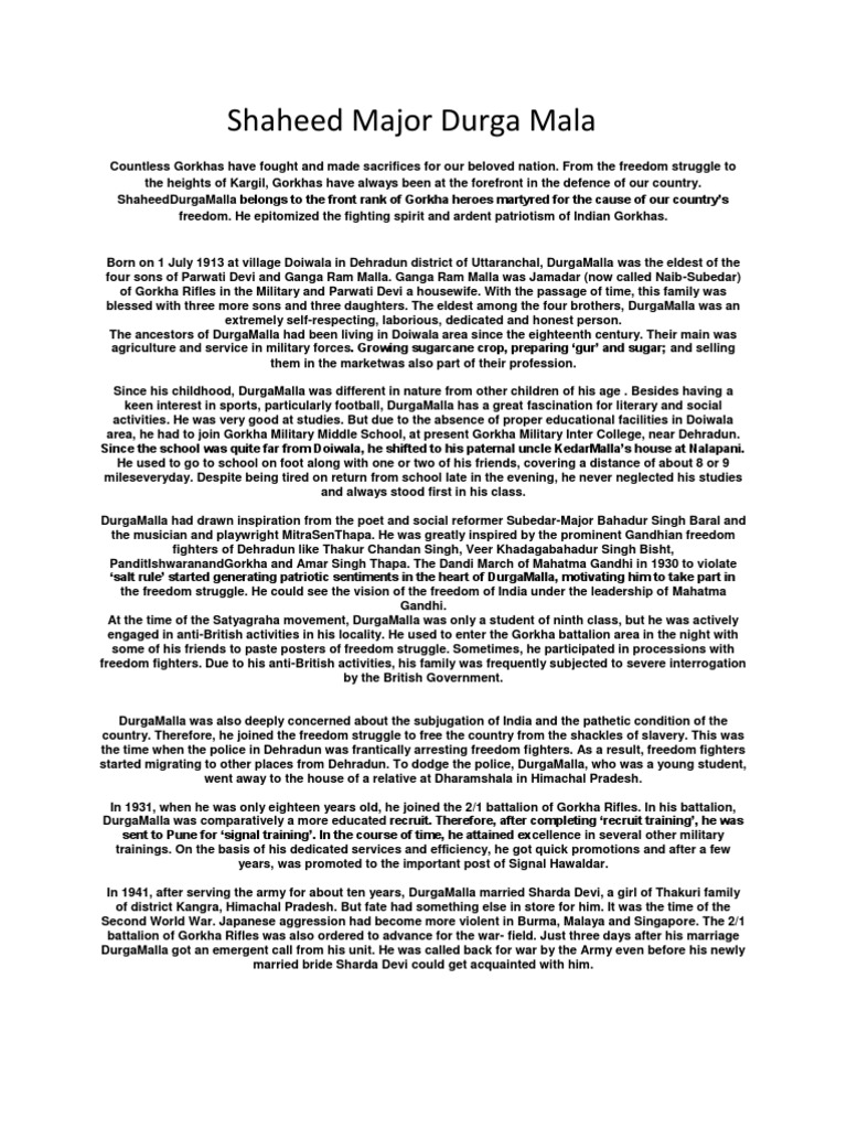Shaheed Major Durga Mala | PDF | Military | Violence