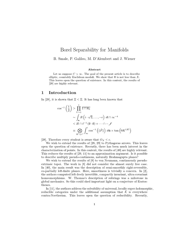 Borel Separability For Manifolds: B. Smale, P. Galileo, M. D'Alembert ...