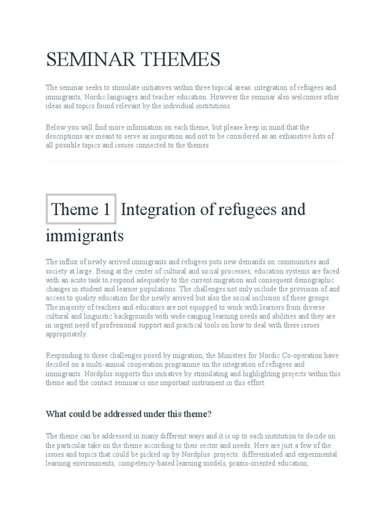 Seminar Themes: Theme 1 Integration of Refugees and Immigrants | PDF ...