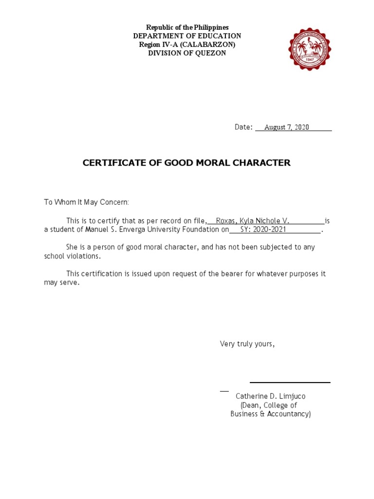 Certificate of Good Moral Character | PDF