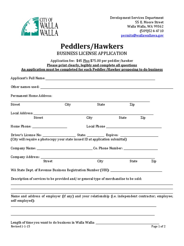 Peddlers/Hawkers: Business License Application | PDF | Government ...