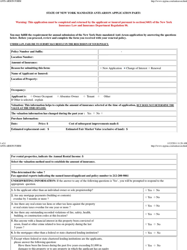 ANTI-ARSON FORM | Real Estate Appraisal | Insurance