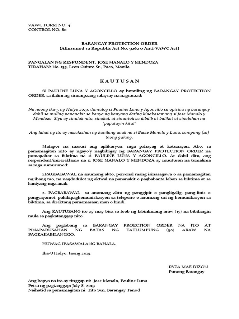 Sample Barangay Protection Order | PDF