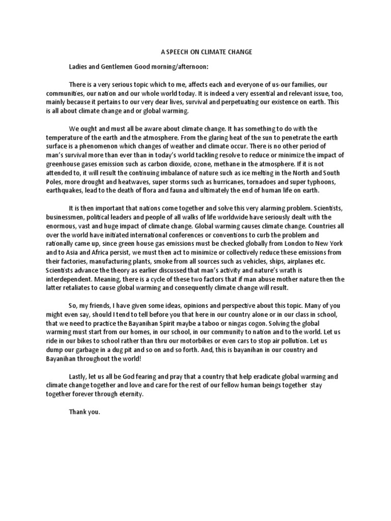 A Speech On Climate Change | PDF | Global Warming | Greenhouse Gas