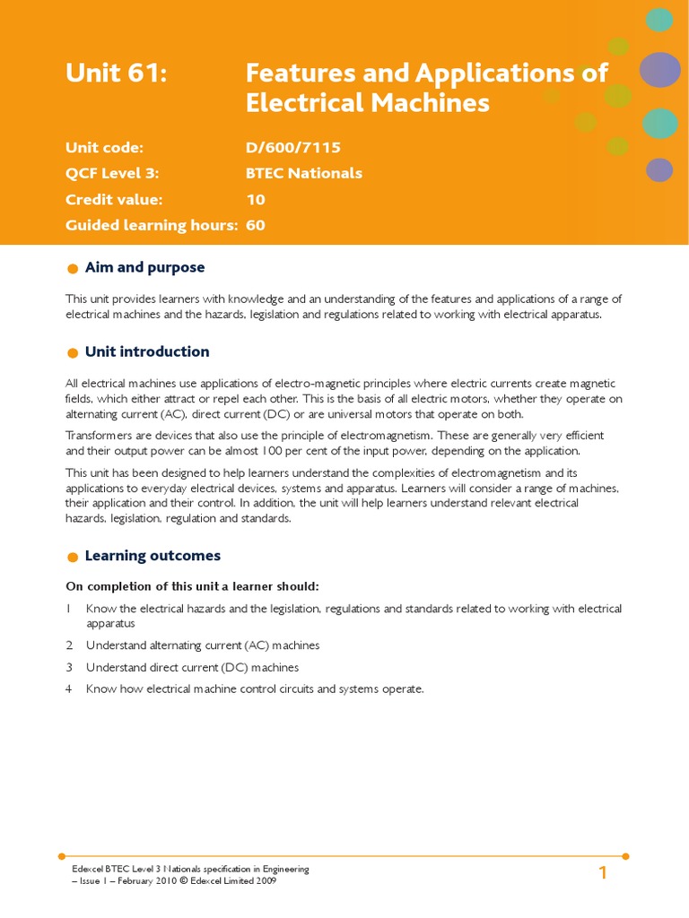 Unit 61 Features and Applications of Electrical Machines | PDF ...
