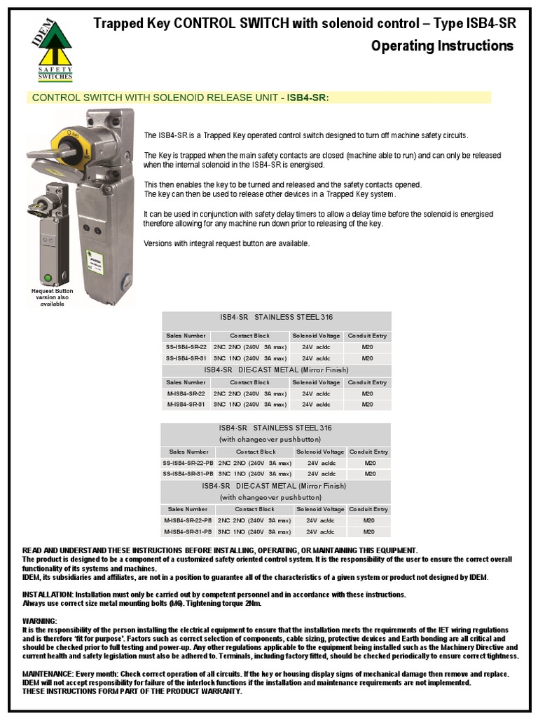 Trapped Key CONTROL SWITCH With Solenoid Control - Type ISB4-SR | PDF ...