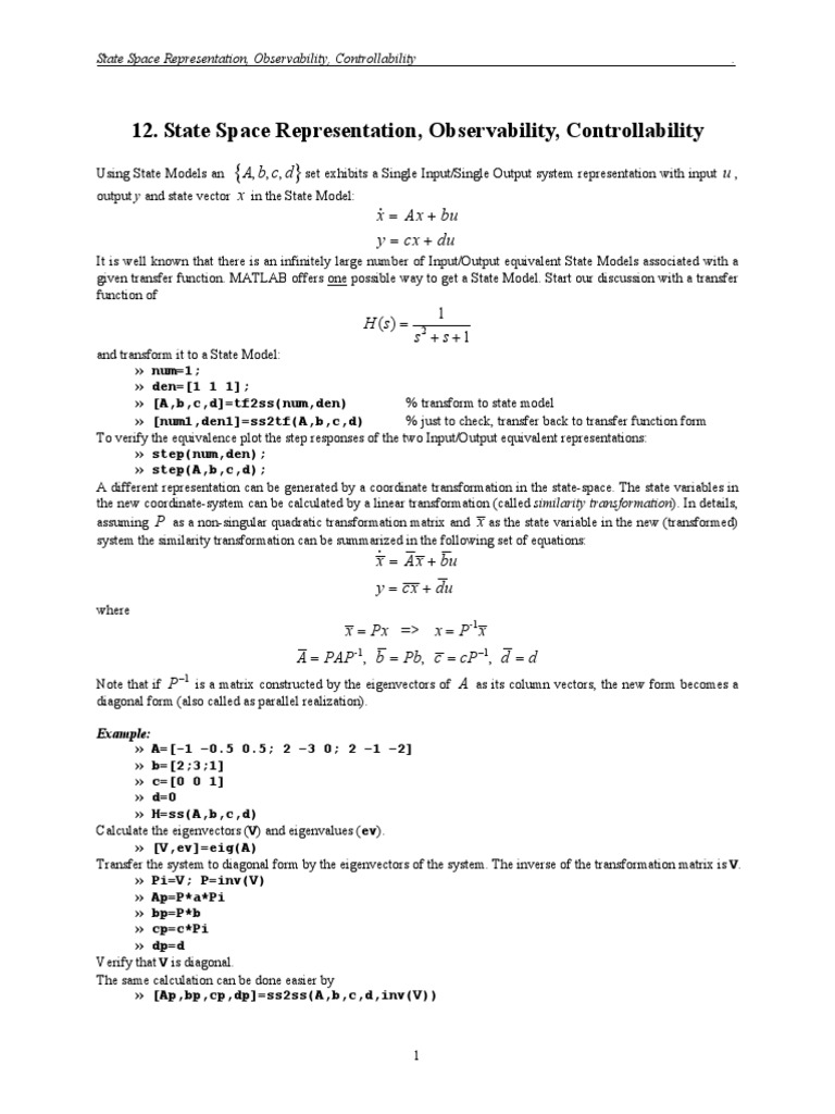 State Space Representation, Observability, Controllability | PDF ...