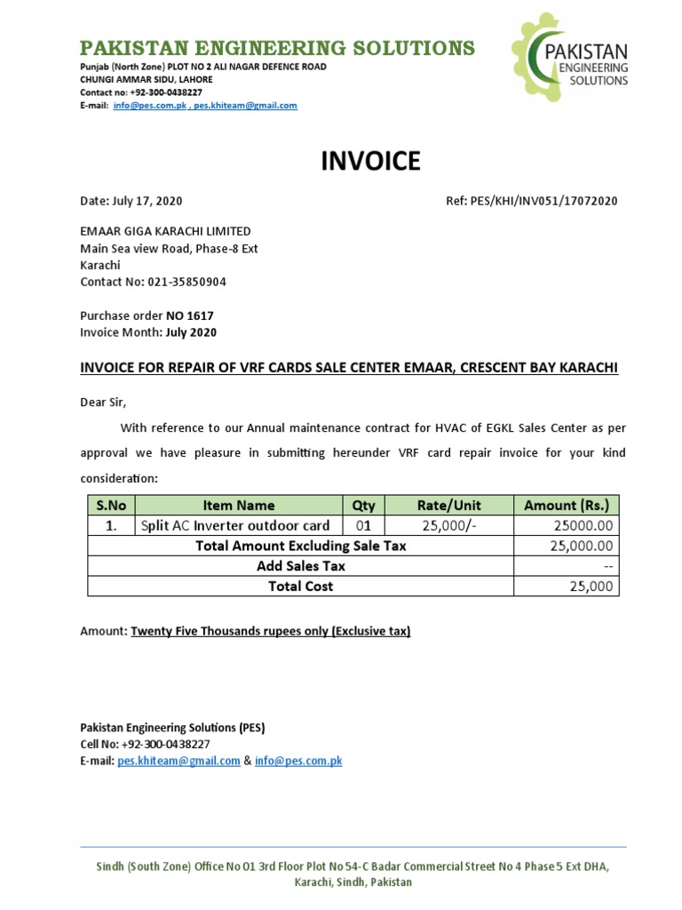 Split AC Card Invoice - PES-KHI-INV061-14032020 | PDF | Finance & Money ...