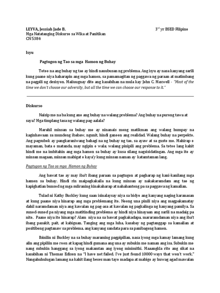 Diskurso Pagsubok Sa Buhay | PDF