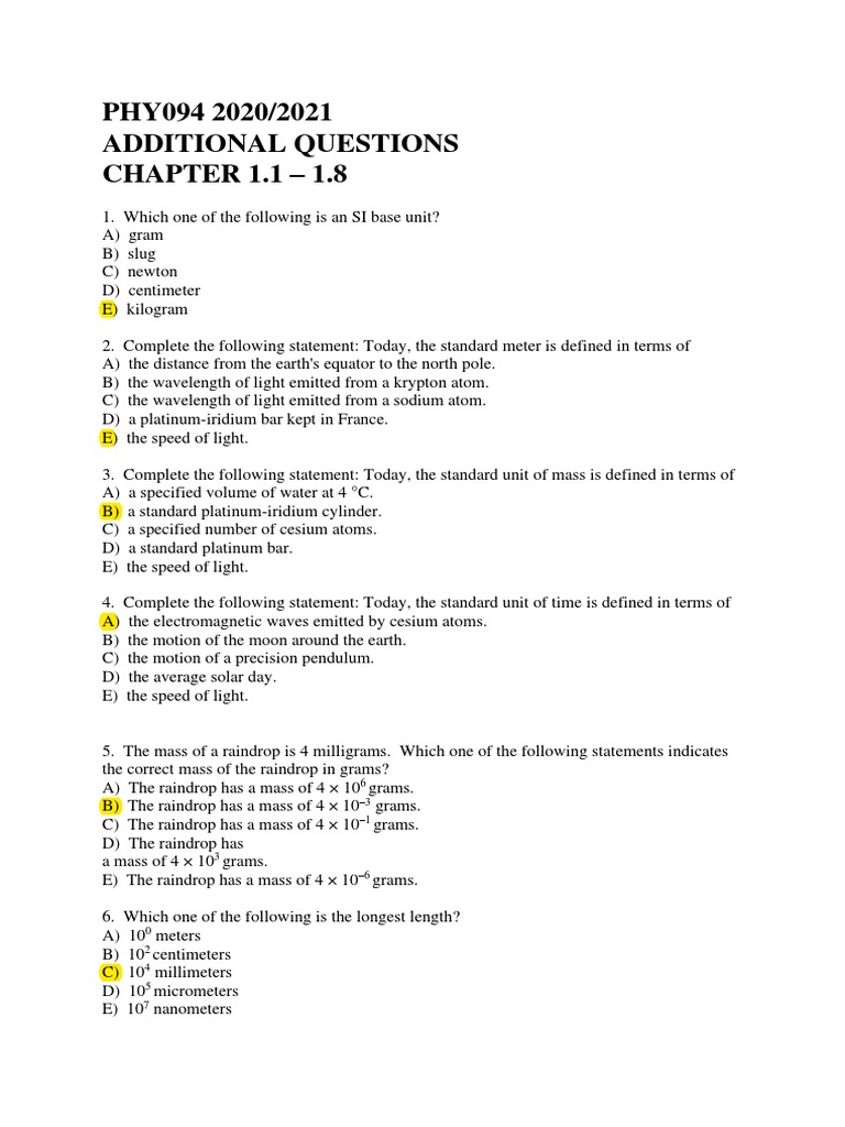 PHY094 2020/2021 Additional Questions CHAPTER 1.1 - 1.8 | PDF | Speed Of Light | Light